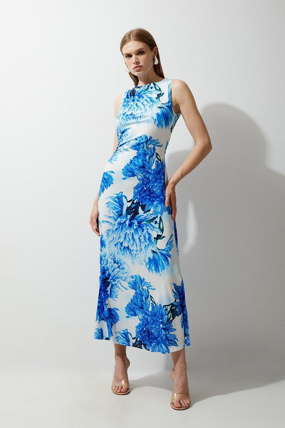 KAREN MILLEN Floral Printed Drapey Maxi Dress in Blue | Endource