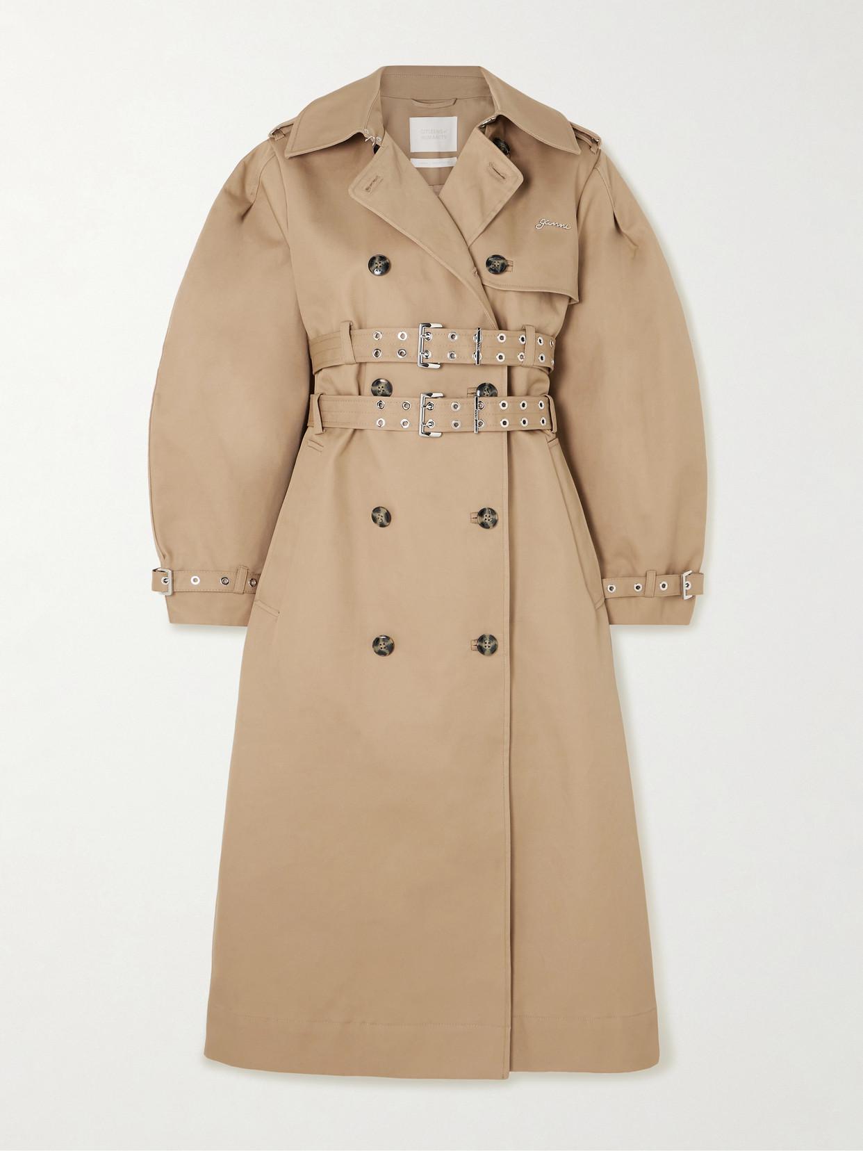 GANNI Belted Bonded Cotton-Twill Trench Coat in Brown | endource
