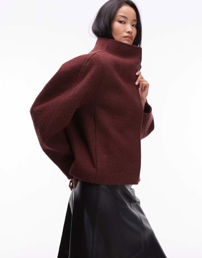 & OTHER STORIES Wool Mock Neck Short Jacket In Burgundy Dark Red | endource