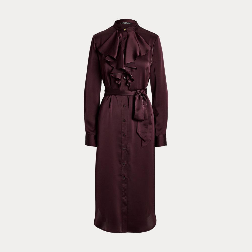 LAUREN RALPH LAUREN Ruffle-Trim Satin Charmeuse Shirtdress | endource