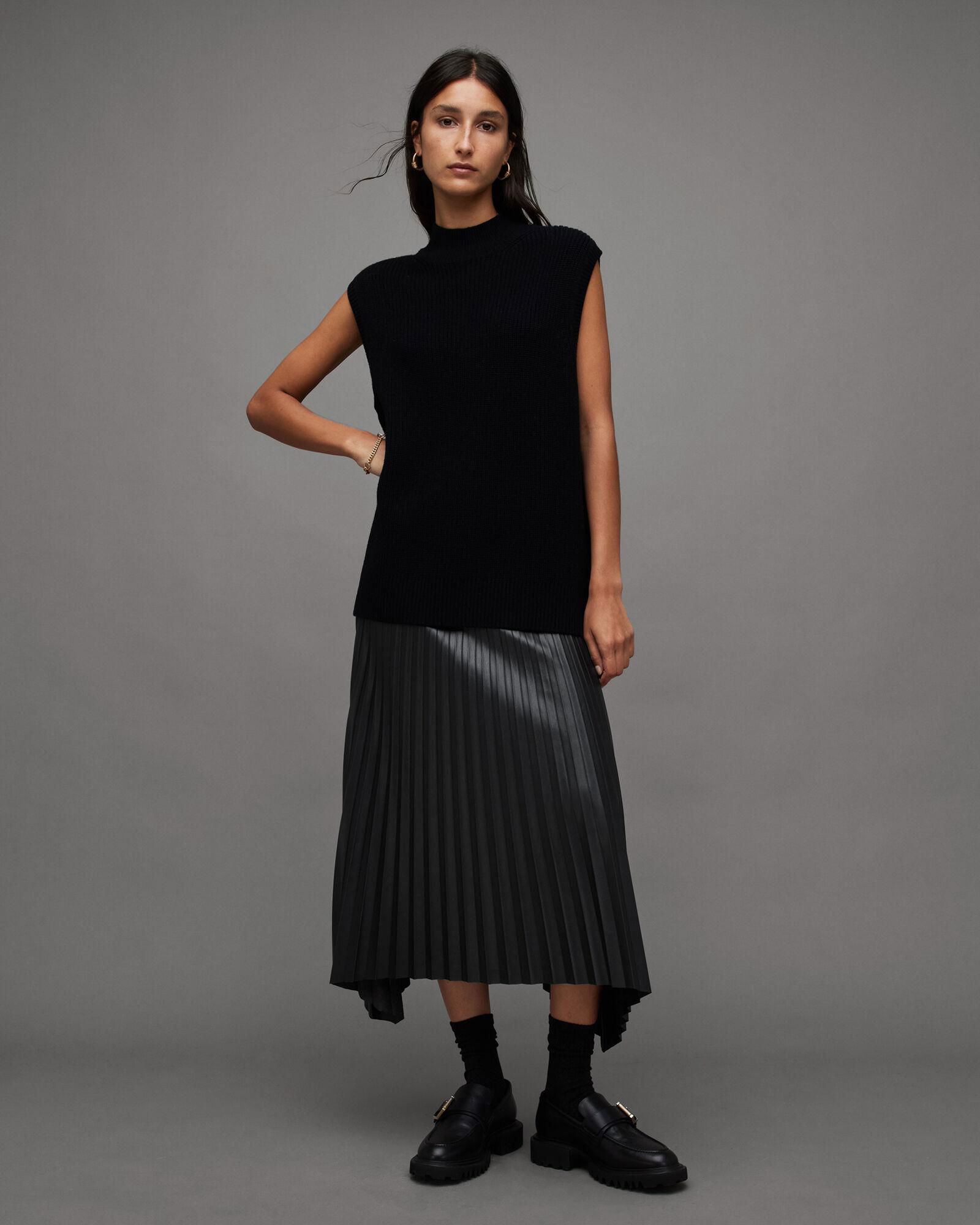 ALLSAINTS Sylvy Faux Leather Pleated Midi Skirt in Black | Endource