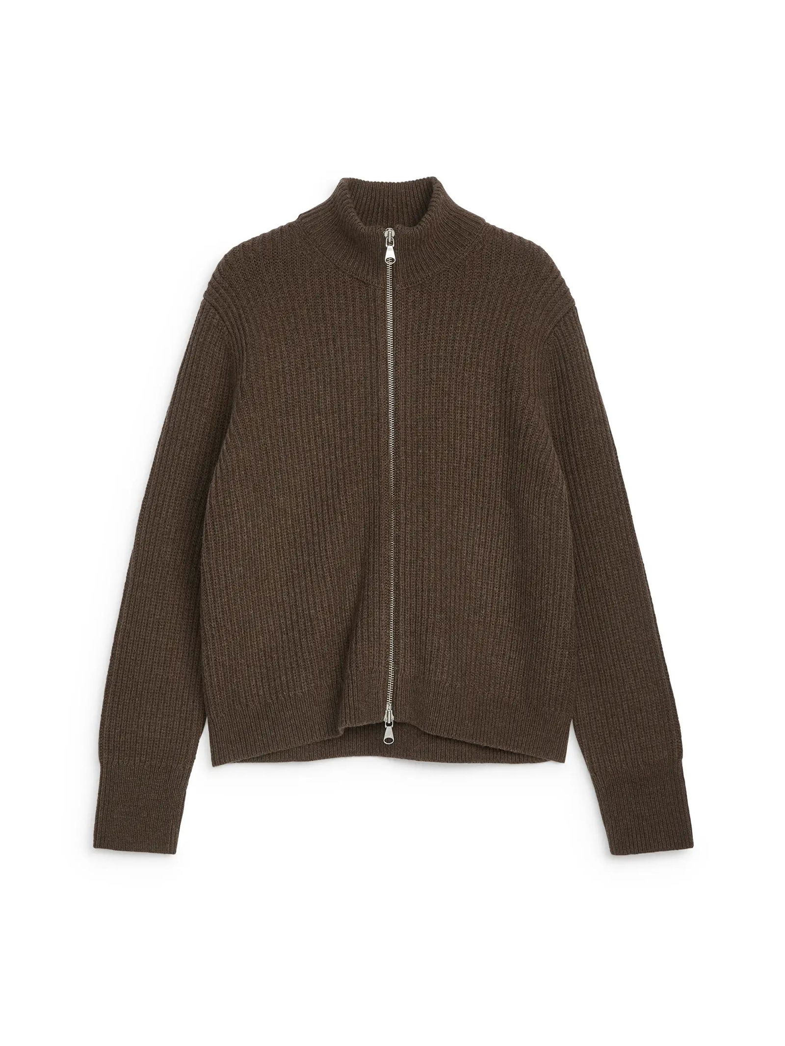 ARKET Nativa Wool Zip Cardigan in Brown | endource