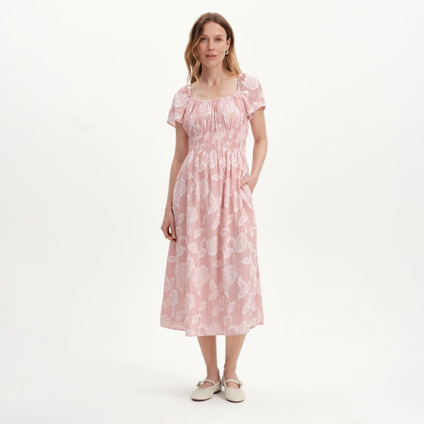 FINERY Maia Red Floral Jacquard Stripe Shirred Waist Midi Dress | endource