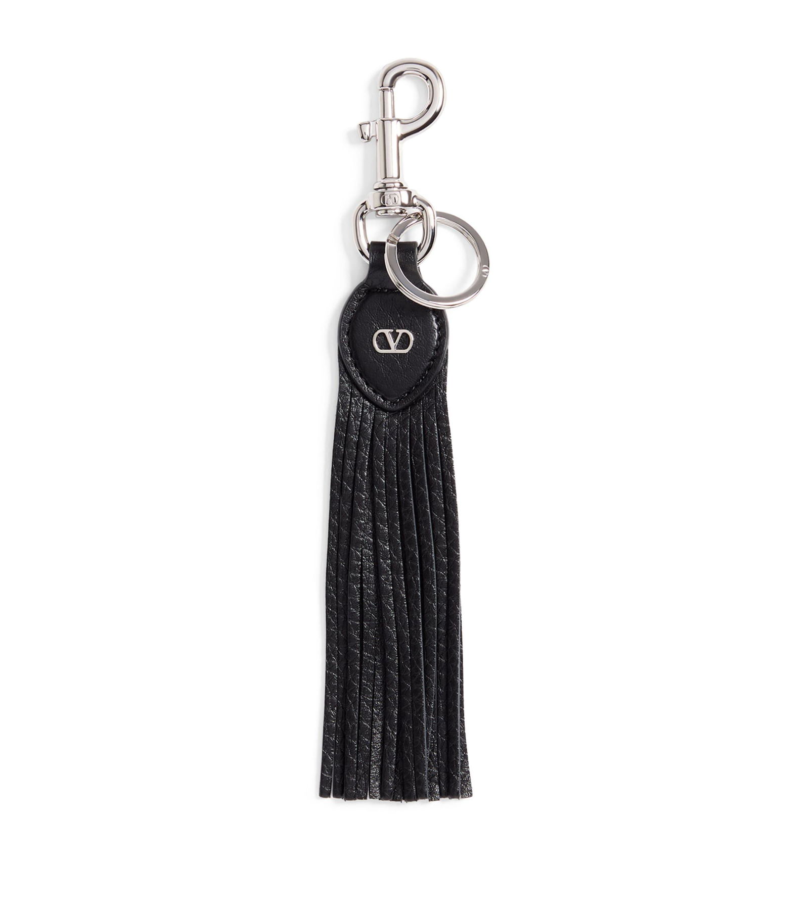 VALENTINO GARAVANI Grained Leather Fringe VLogo Keychain in Black ...