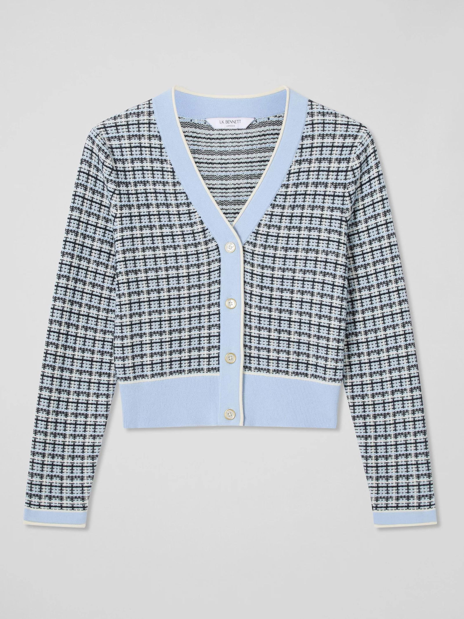 L.K. BENNETT Honey Contrast Pattern Cropped V-Neck Cardigan in Blue ...