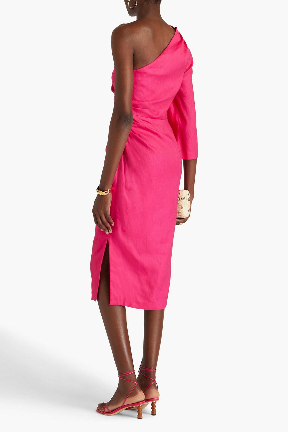 VERONICA BEARD Patsy One-shoulder Pleated Linen-blend Midi Dress | endource