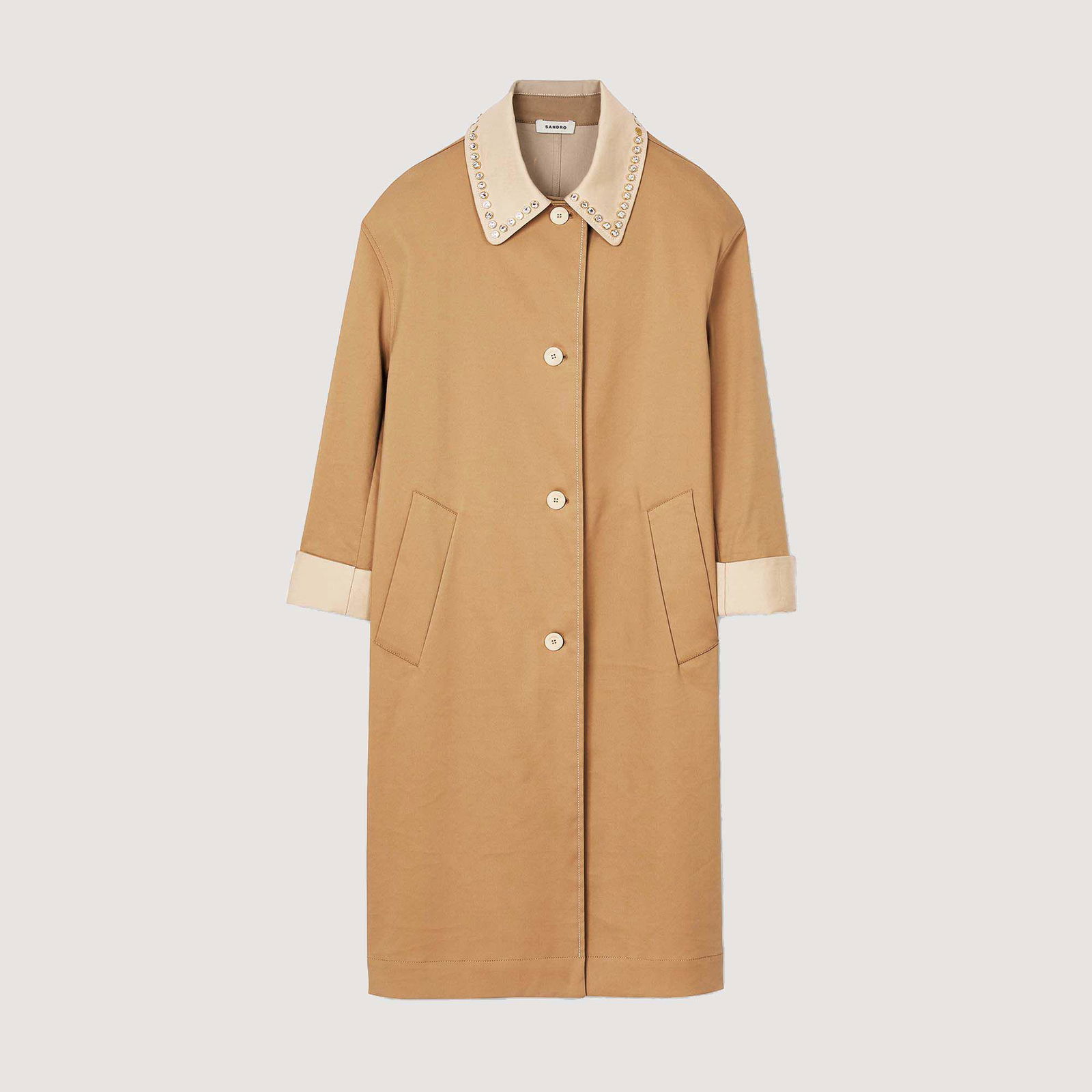SANDRO Trench Coat With Rhinestone Collar in Camel | endource