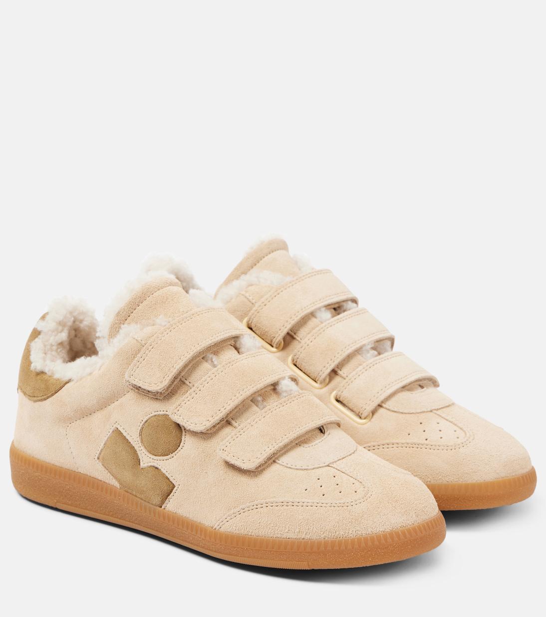ISABEL MARANT Beth Shearling-Trimmed Leather Sneakers in Brown | endource