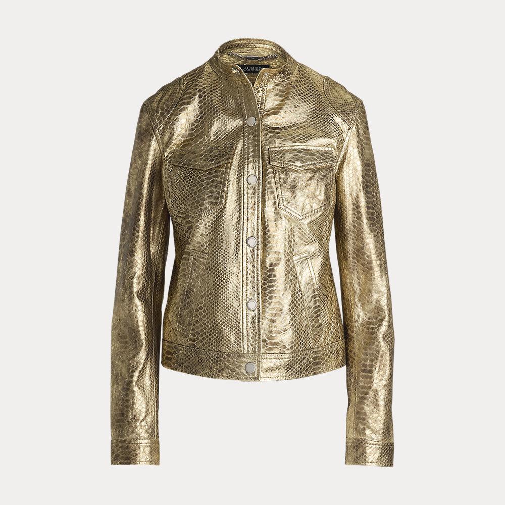 LAUREN RALPH LAUREN Metallic Embossed Lambskin Moto Jacket in Gold ...