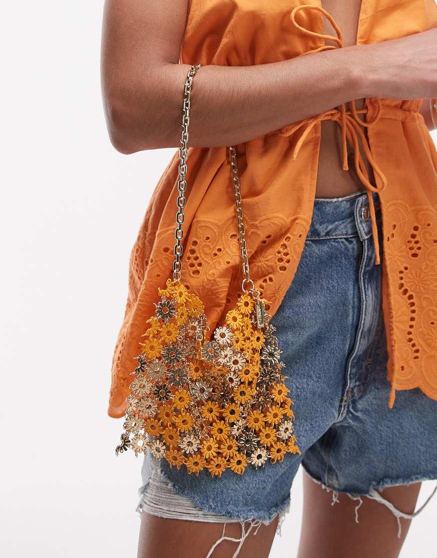 MANGO Floral Chain Metal Bag in ORANGE | endource