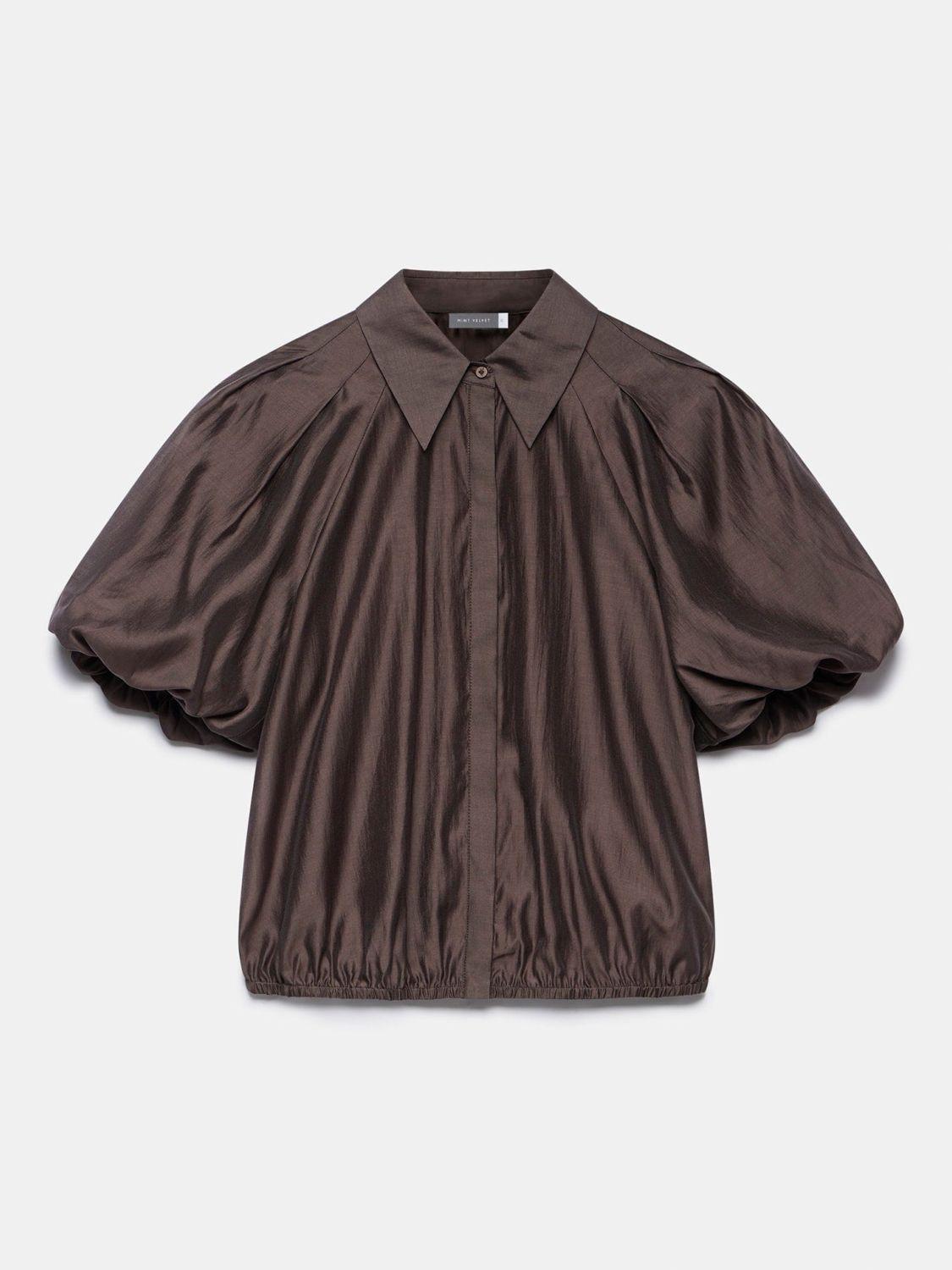 MINT VELVET Sheer Cropped Shirt in Dark Brown | Endource