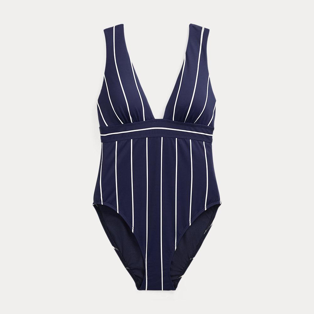 LAUREN RALPH LAUREN Striped Banded V-Neck One-Piece in Blue | endource