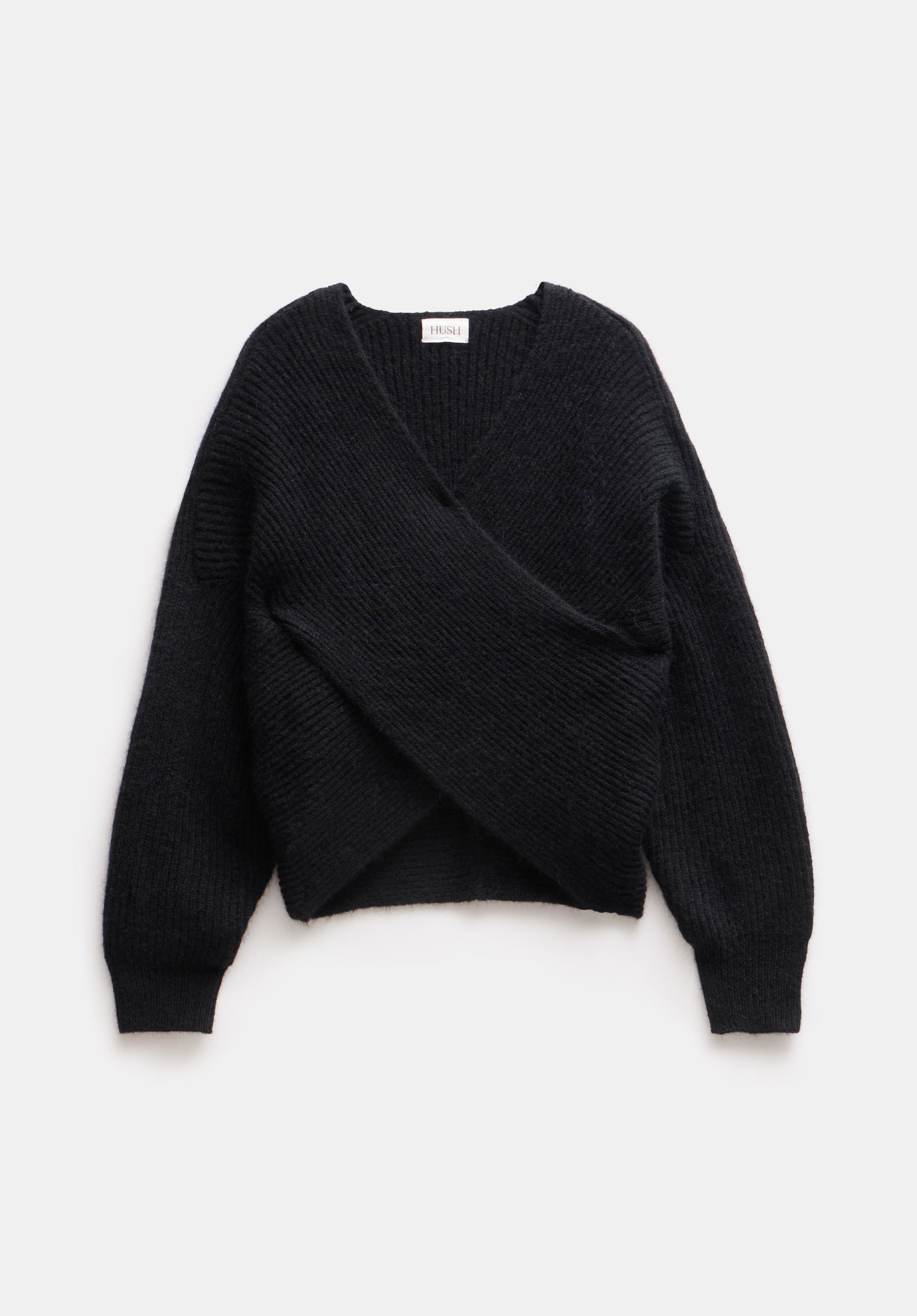 HUSH Betty Fluffy Cross Front Jumper in Black | endource