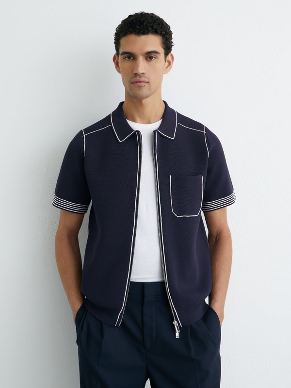 REISS Blake Stitch-Detail Zip-Through Knit Shirt In Navy | endource