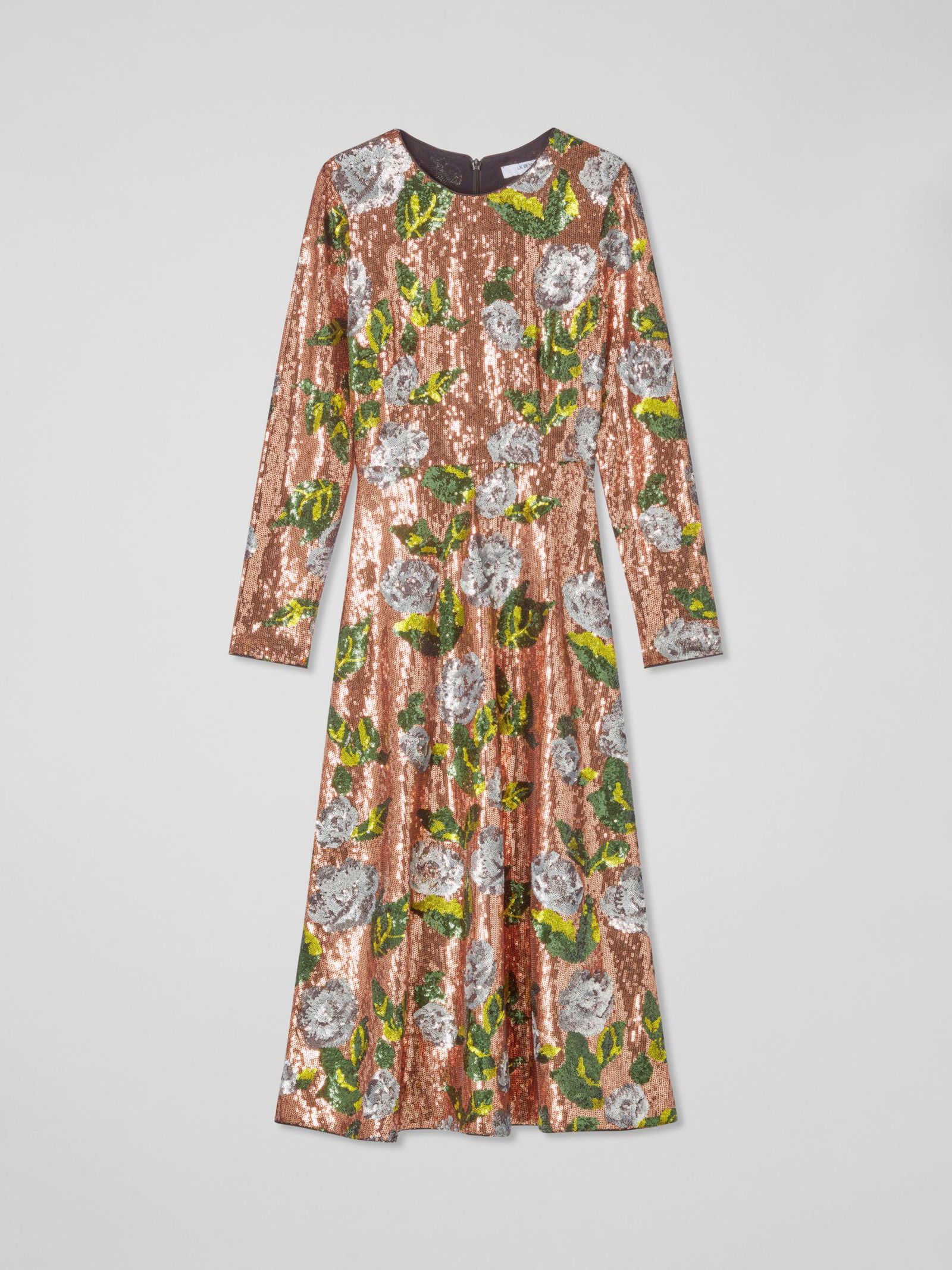 L.K. BENNETT Marcel Floral Sequin Midi Dress in Rose Gold/Multi | endource
