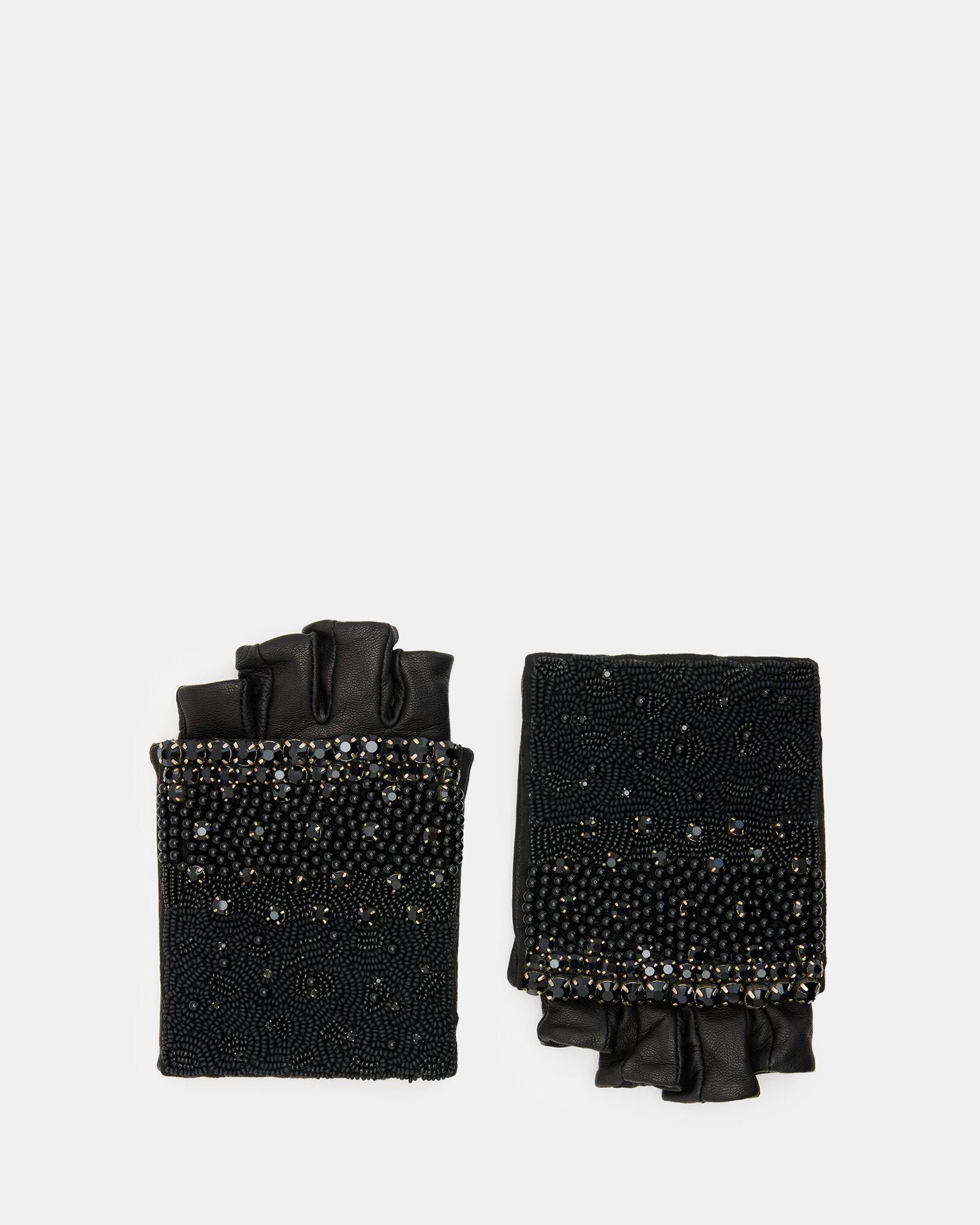 ALLSAINTS Charly Leather Fingerless Gloves in BLACK/ANTQ NICKEL | endource
