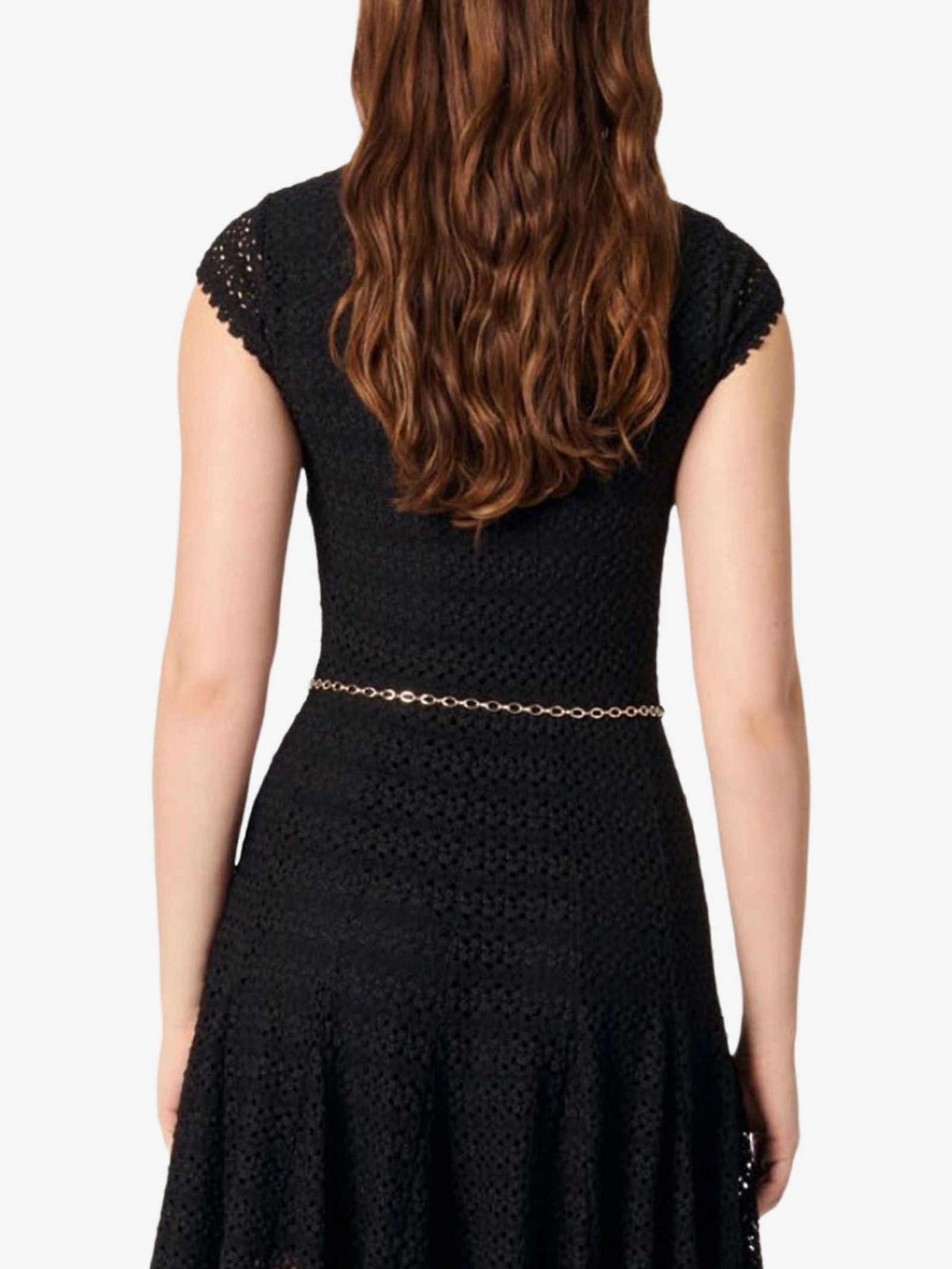 MAJE Chain-Belt Short-Sleeve Crochet Stretch-Knit Midi Dress | endource