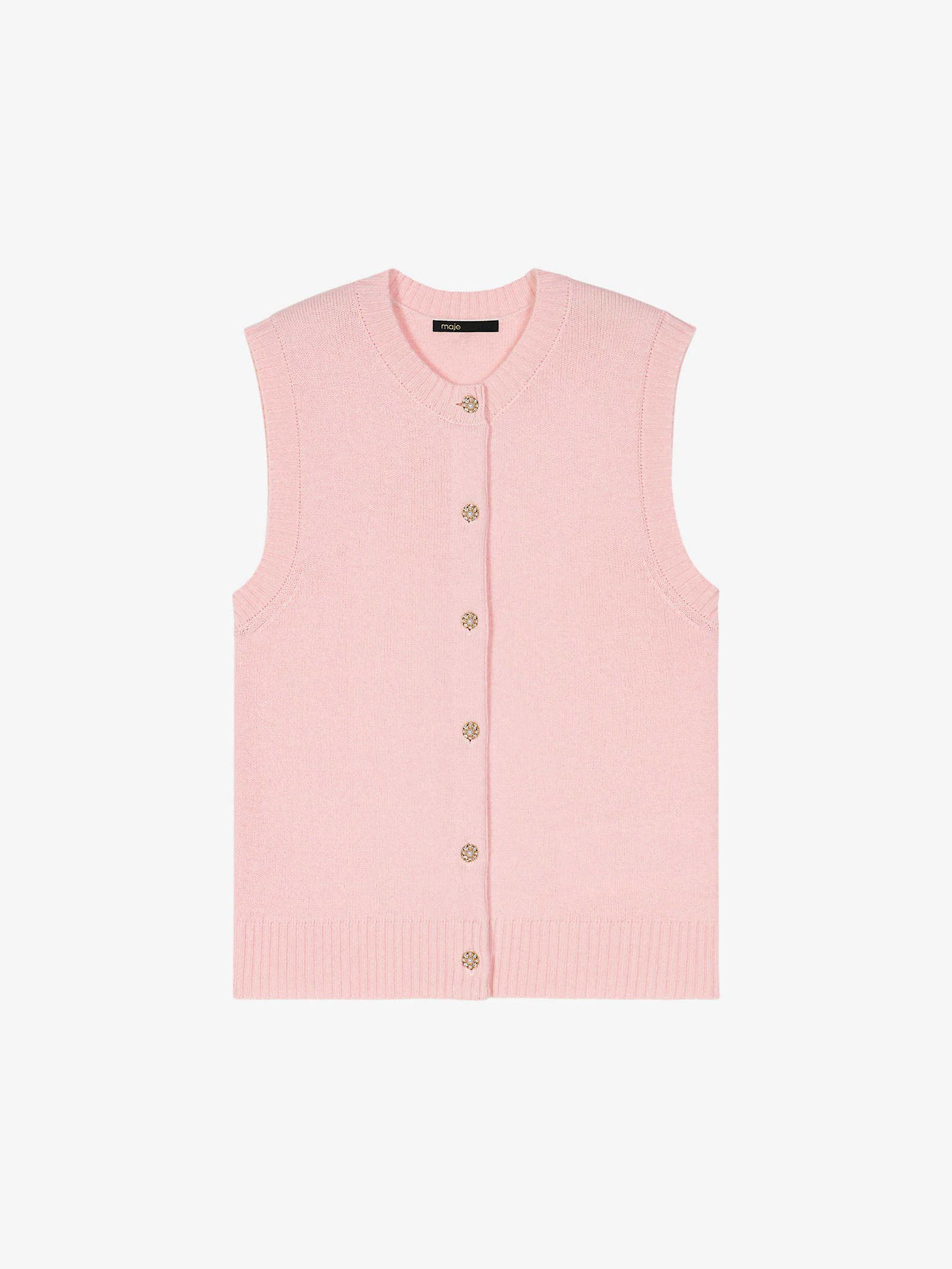 MAJE Round-Neck Embellished-Button Wool Vest in ROSES | endource