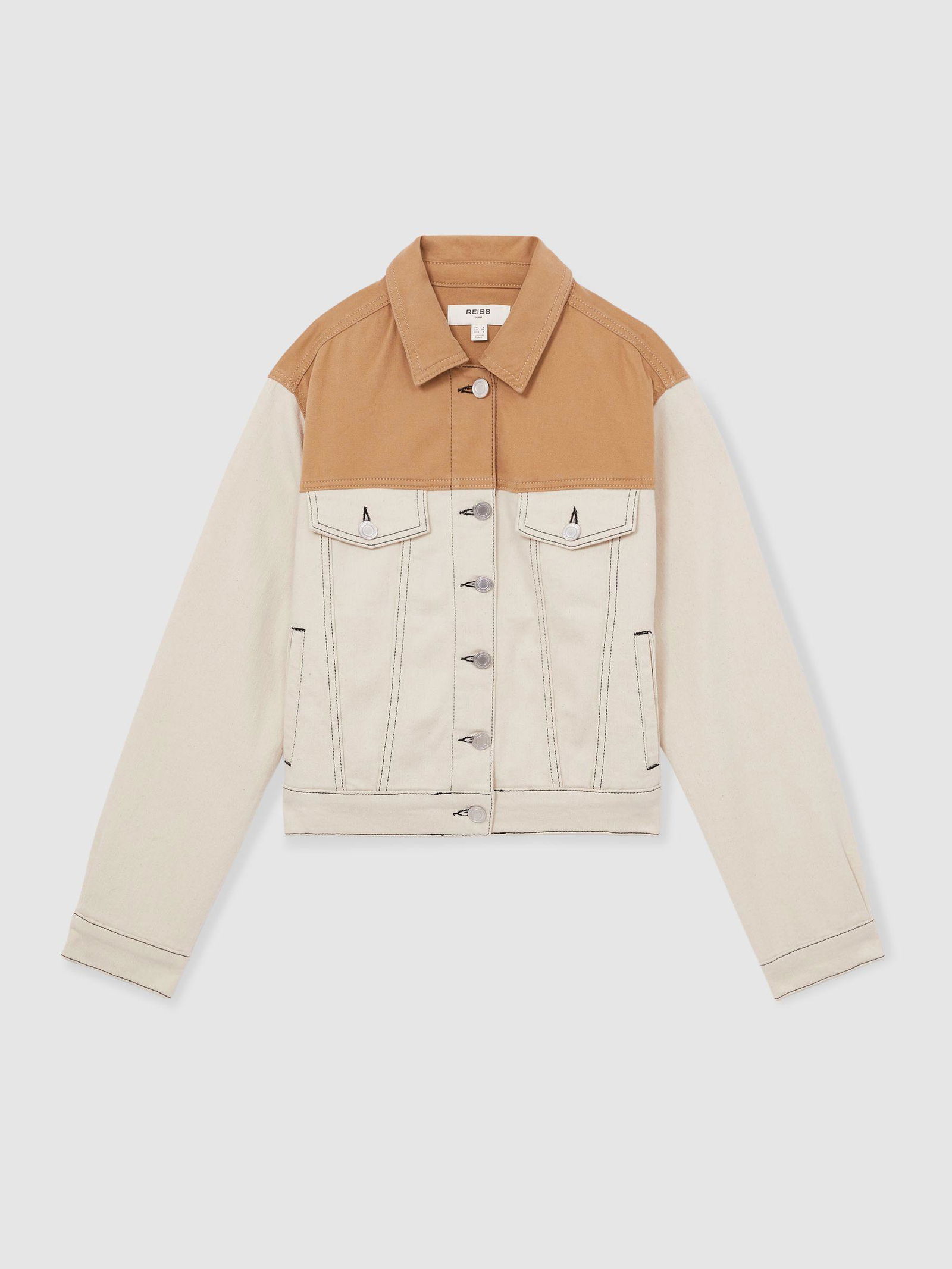 REISS Colour-Block Denim Jacket in Ecru | endource