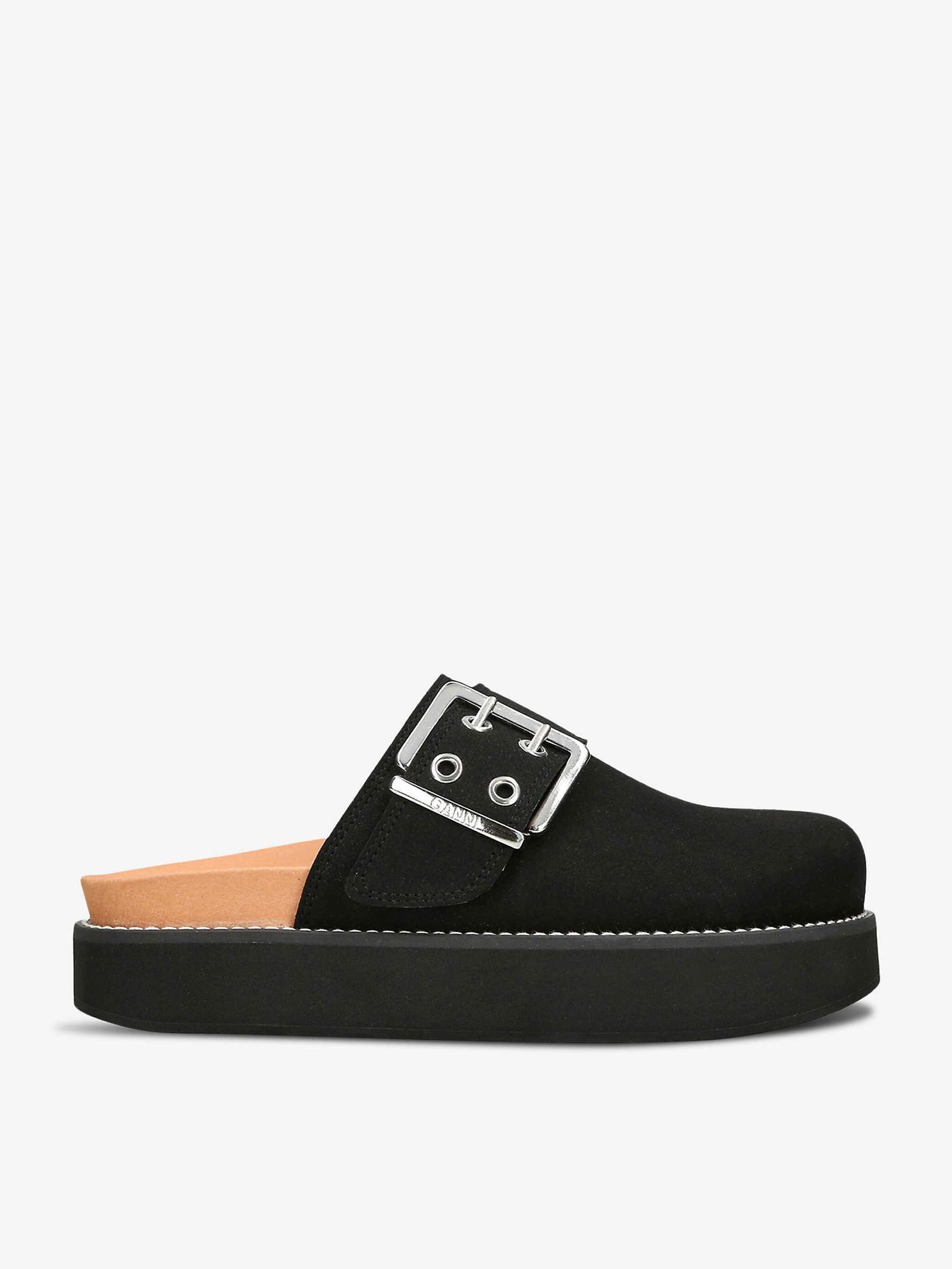 GANNI Feminine Buckle-Embellished Suede Mules in BLACK | Endource
