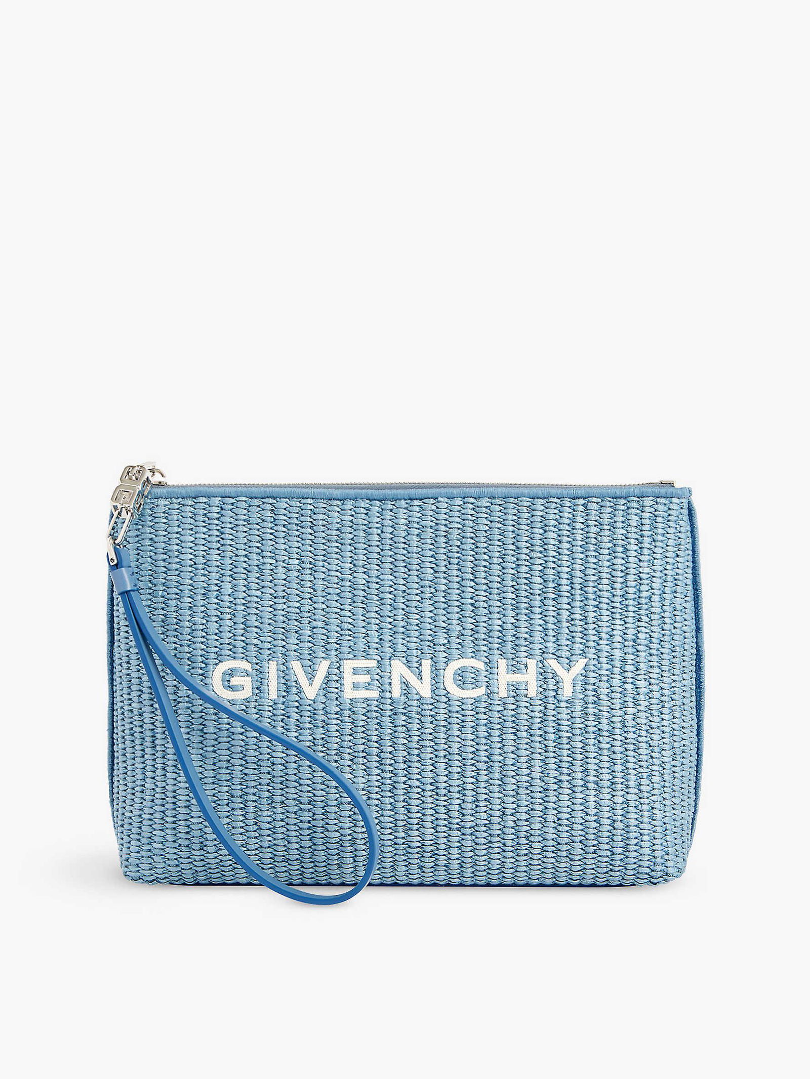 GIVENCHY Logo-Embroidered Raffia Pouch in 457-denim Blue | Endource