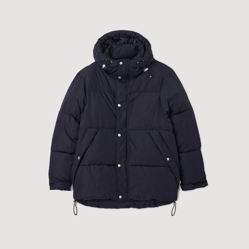 SANDRO 3/4-Length Hooded Puffer Jacket in Navy Blue | Endource