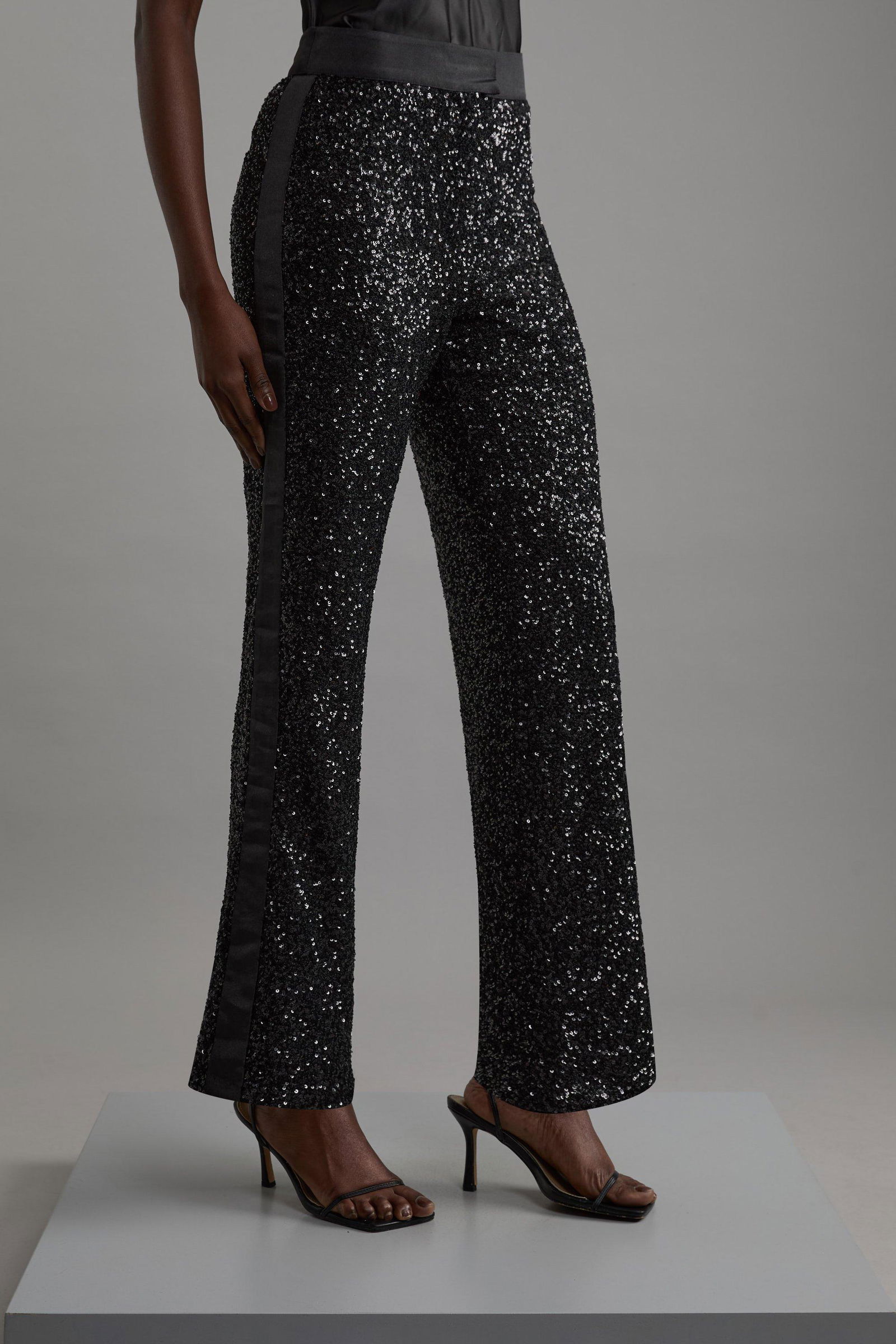 KAREN MILLEN Sequin High Waisted Wide Leg Trousers in Black | endource