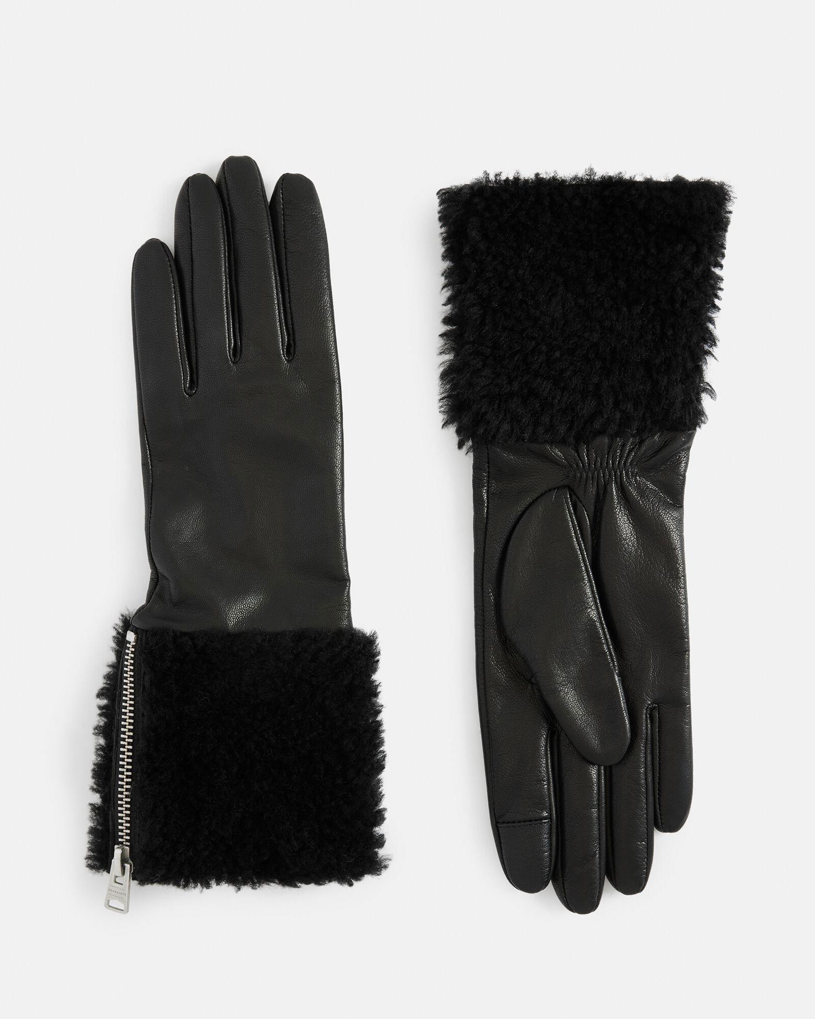 ALLSAINTS Sasha Leather Faux Shearling Trim Gloves in Black | endource
