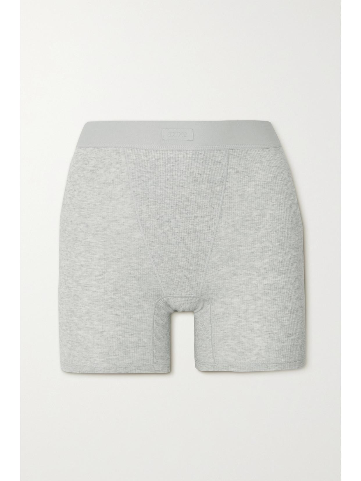 SKIMS Cotton Collection Ribbed Cotton Boxer Shorts in Gray | endource