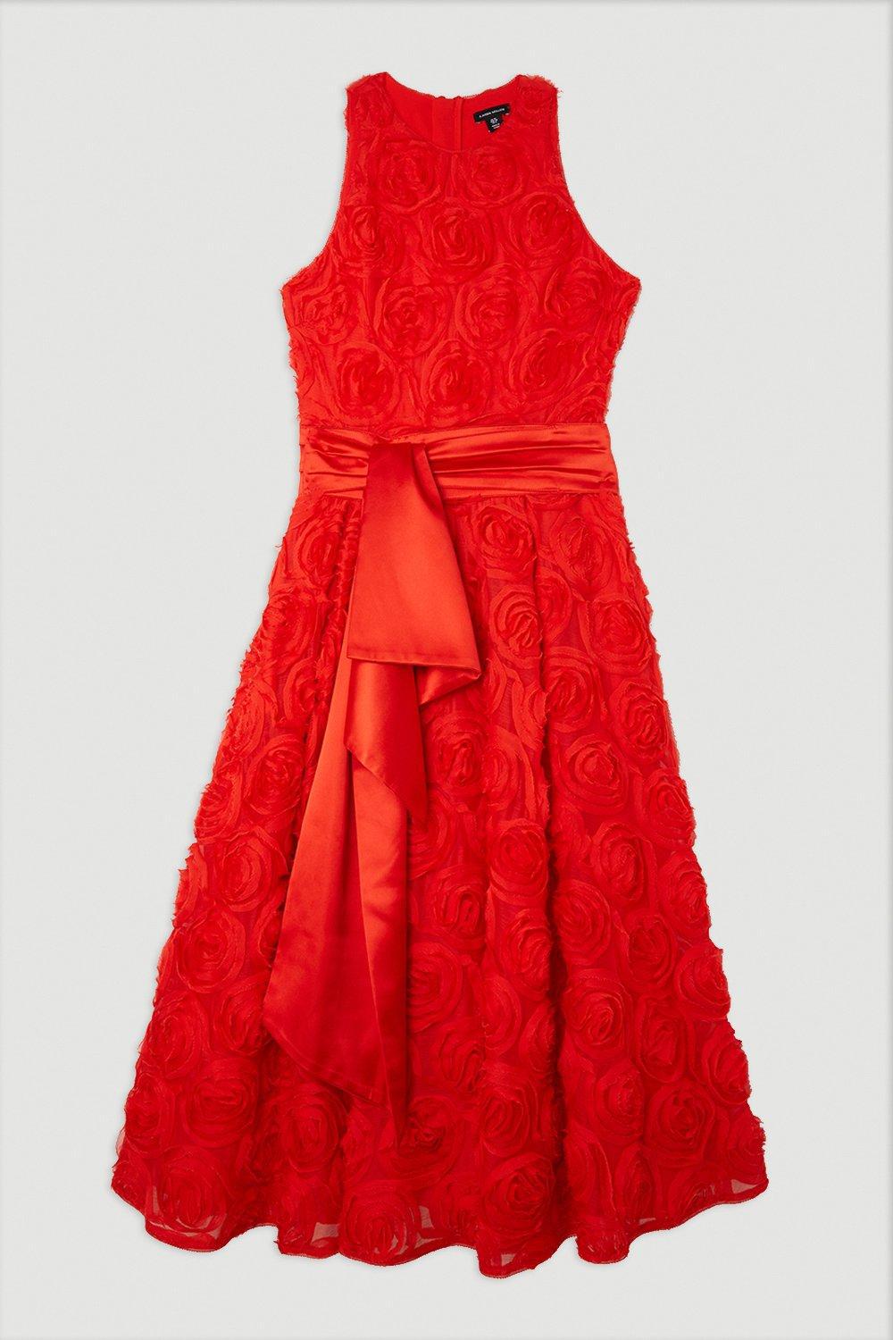 KAREN MILLEN Romantic Rosette Texture Prom Midi Dress in Red | endource