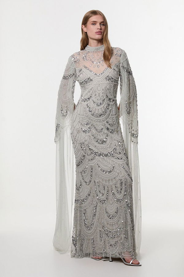 KAREN MILLEN Premium Beaded Embellished Woven Midaxi Cape Dress | endource