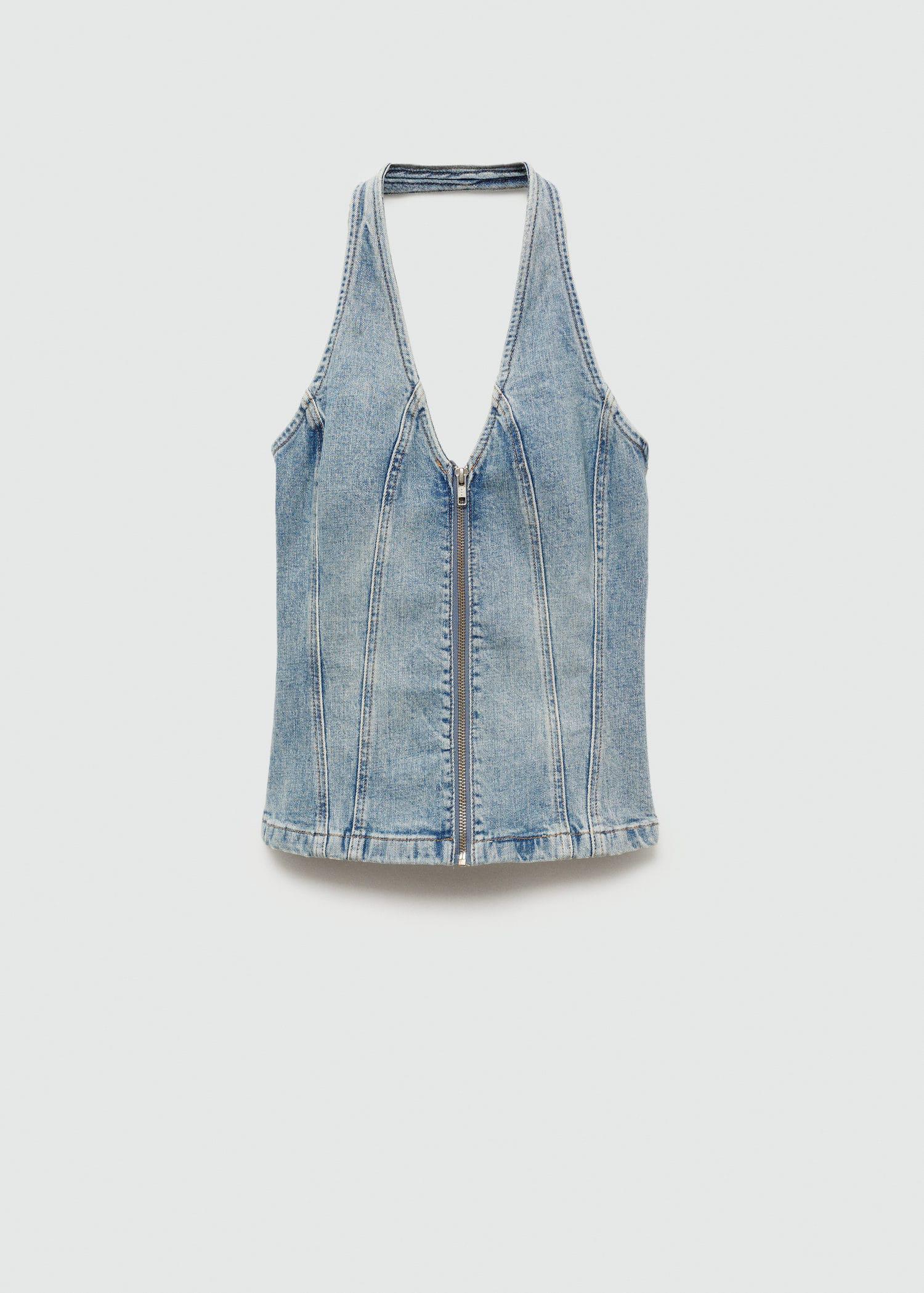 MANGO Halter Neck Denim Top in Medium Blue | Endource