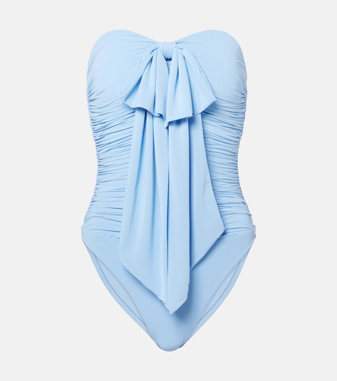 ZIMMERMANN Acacia Drape Bow Ruched Swimsuit in Blue | endource