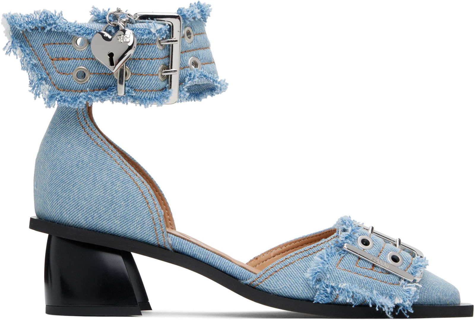 GANNI Denim Feminine Buckle Open Cut Heels | endource