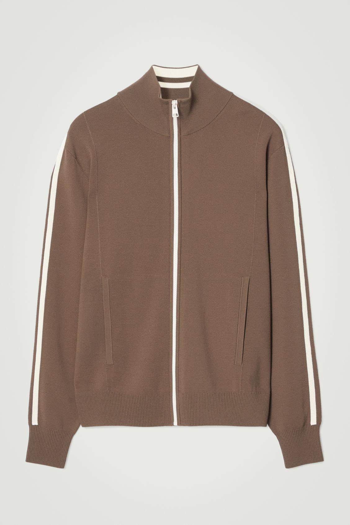 COS Contrast-Stripe Knitted Track Jacket in BROWN / IVORY | endource