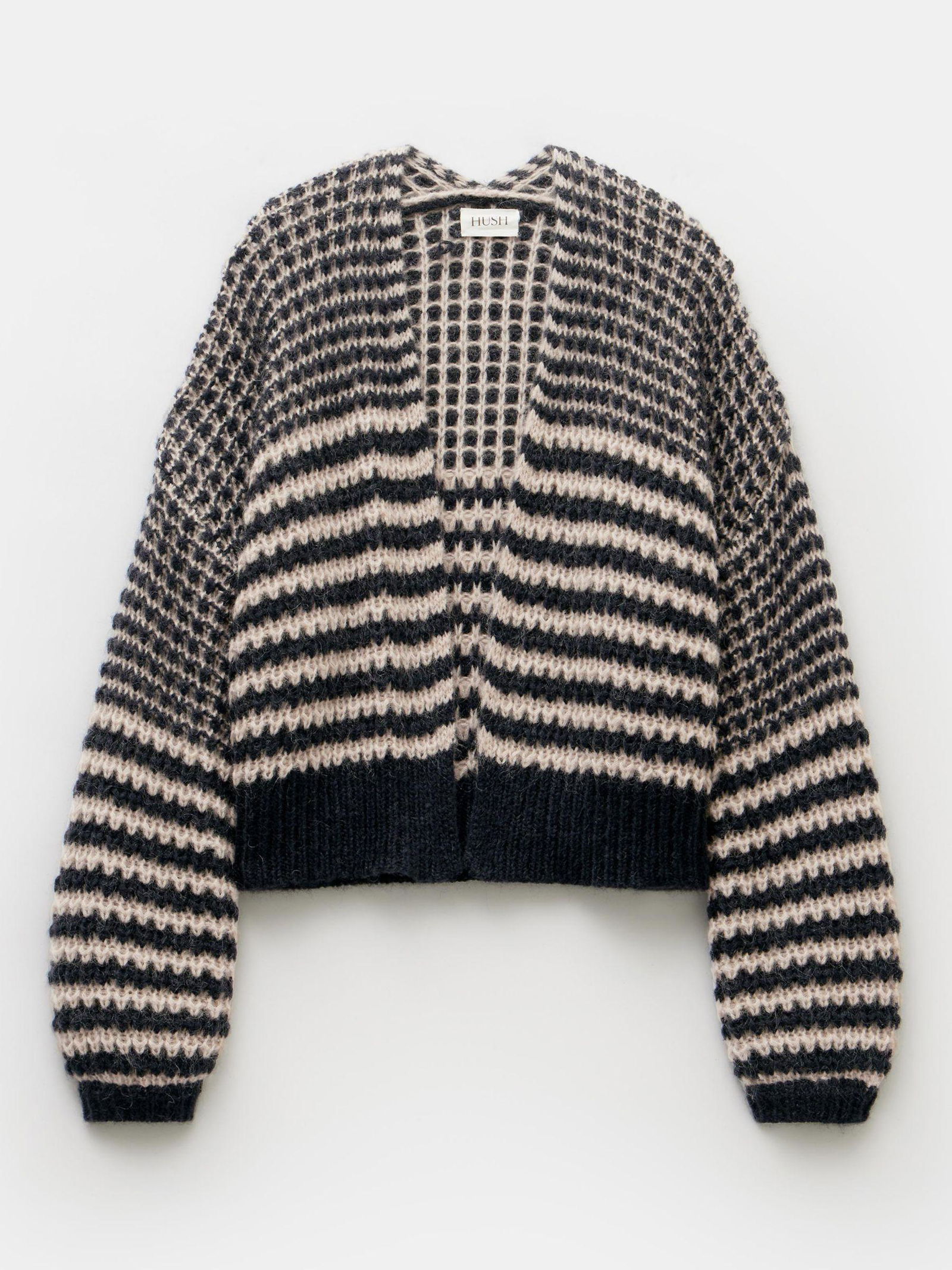 HUSH Skye Stripe Wool Blend Cardigan in Black/Sand | endource