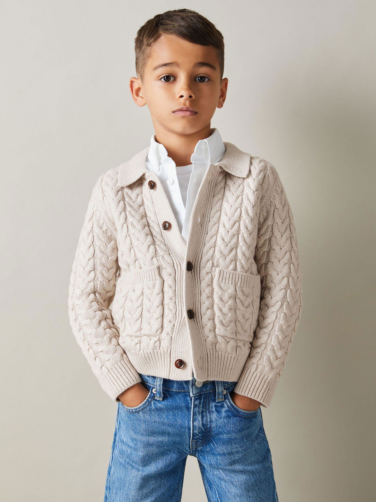 REISS Cable Knit Cardigan in Oatmeal Melange | endource