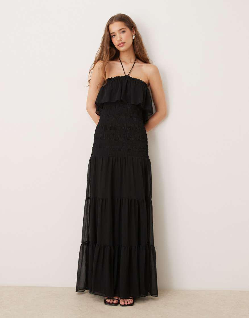 MANGO Halter Chiffon Maxi Dress in BLACK | endource