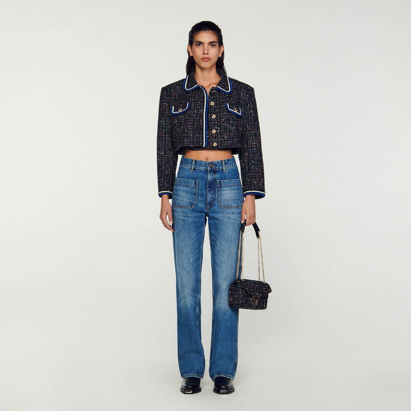 SANDRO Short Tweed Jacket in Blanc / blue | endource