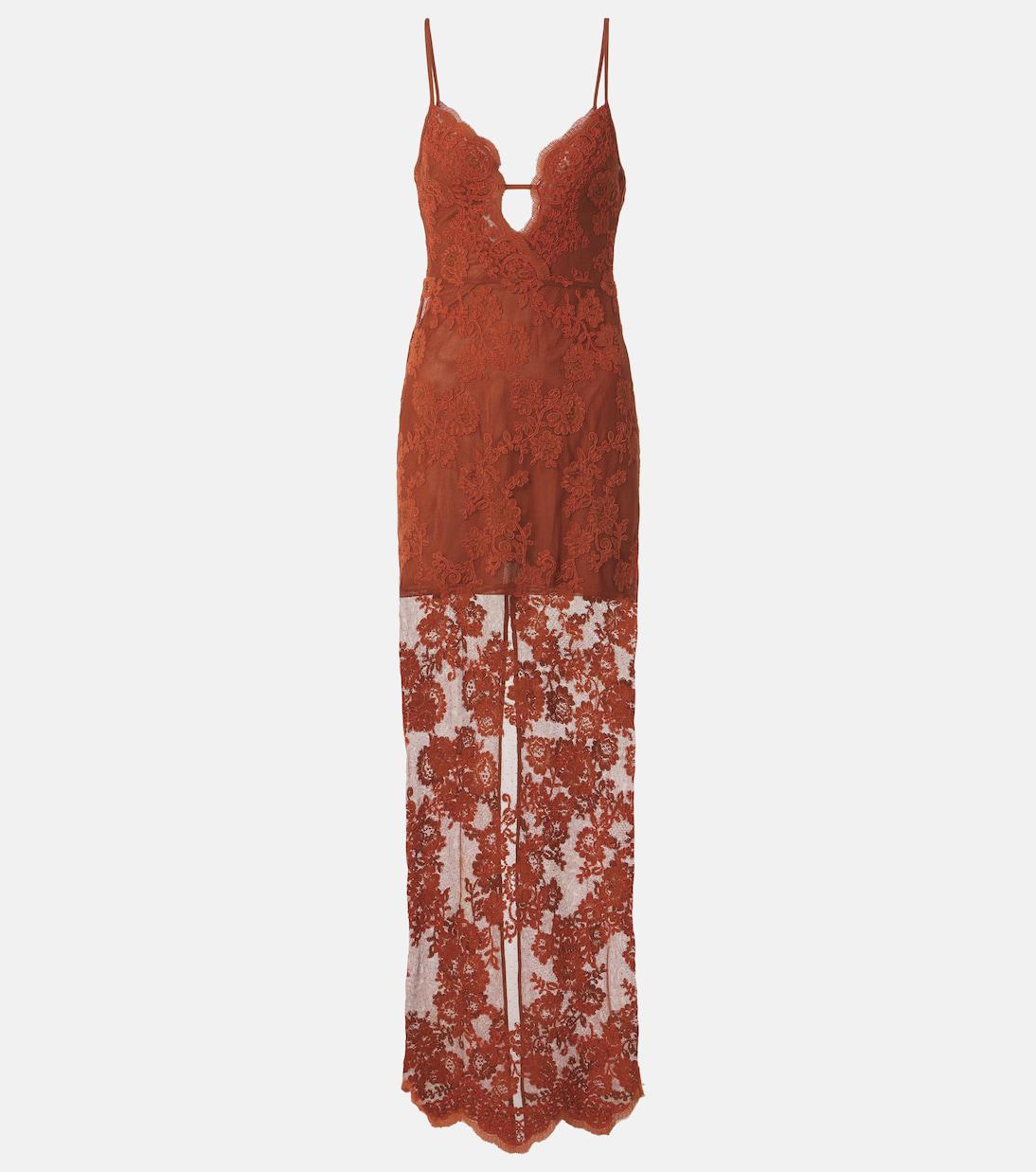 SELF-PORTRAIT Sheer Lace Maxi Dress in Brown | endource