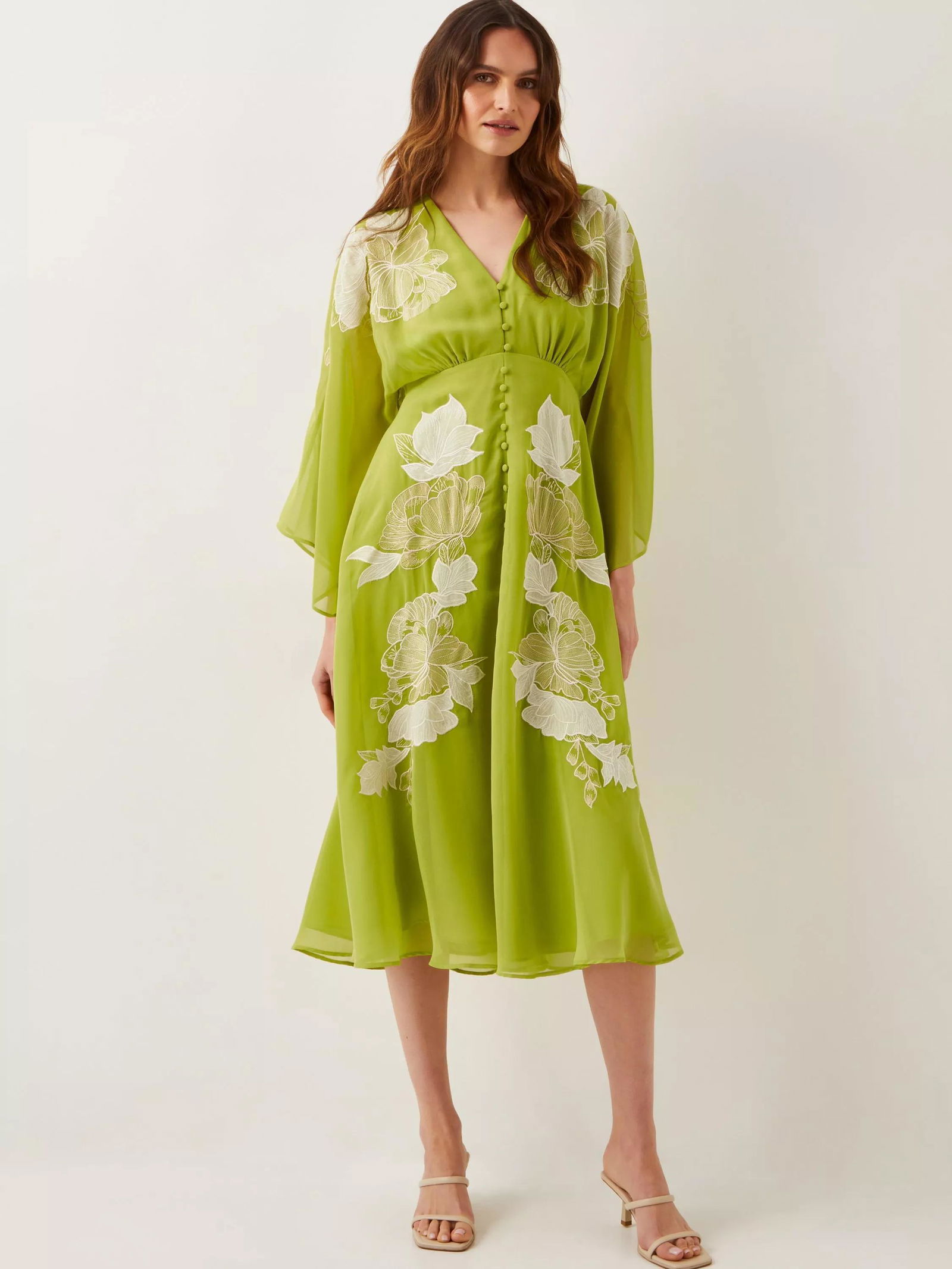 Monsoon Tilly Embroidered Floral Midi Dress in Olive Green | endource