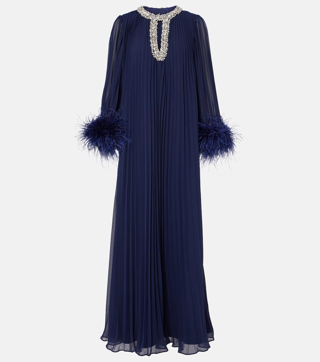 SELF-PORTRAIT Tiered Pleated Feather-Trimmed Maxi Dress in Blue | endource