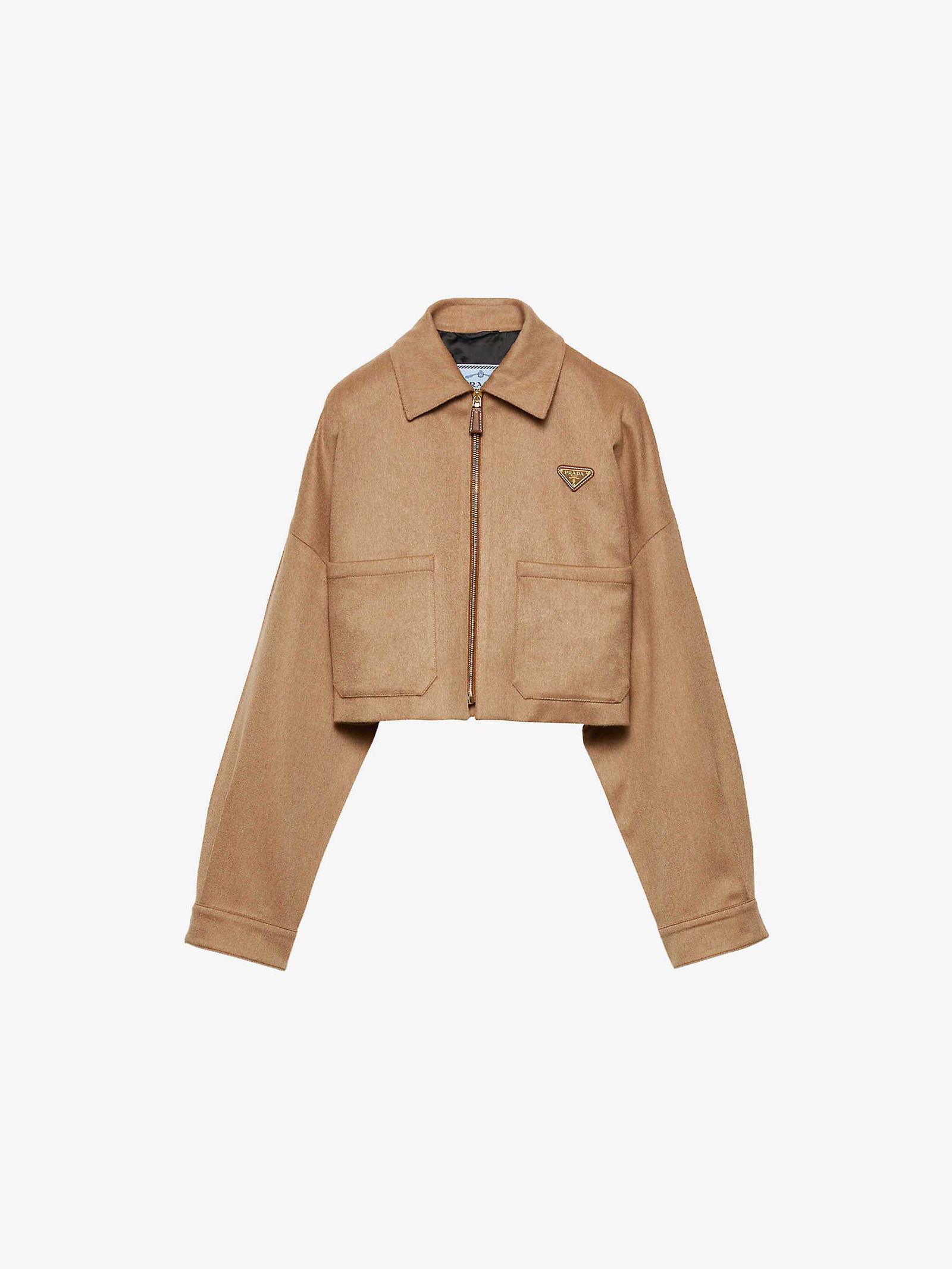 PRADA Collar Brand-Plaque Suede Jacket in BROWN | endource