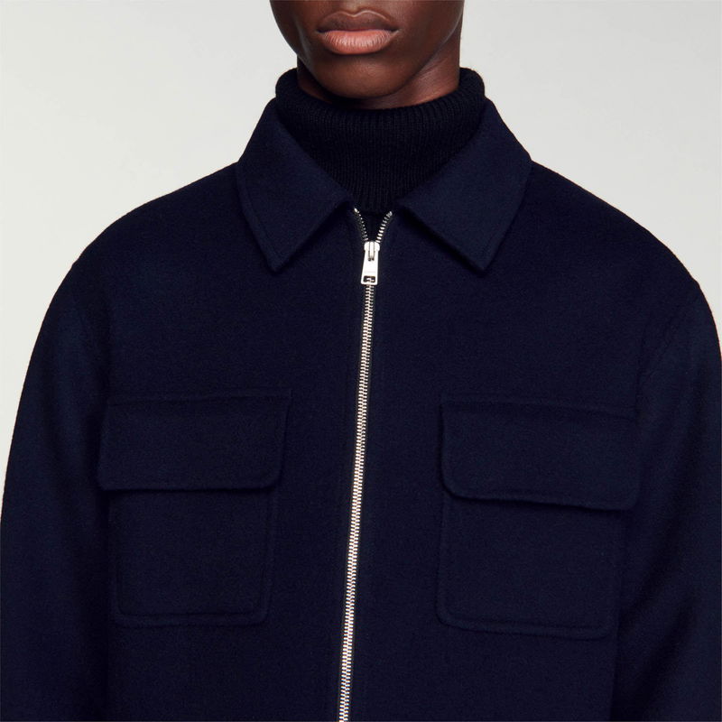 SANDRO Wool Jacket in Dark Navy | endource