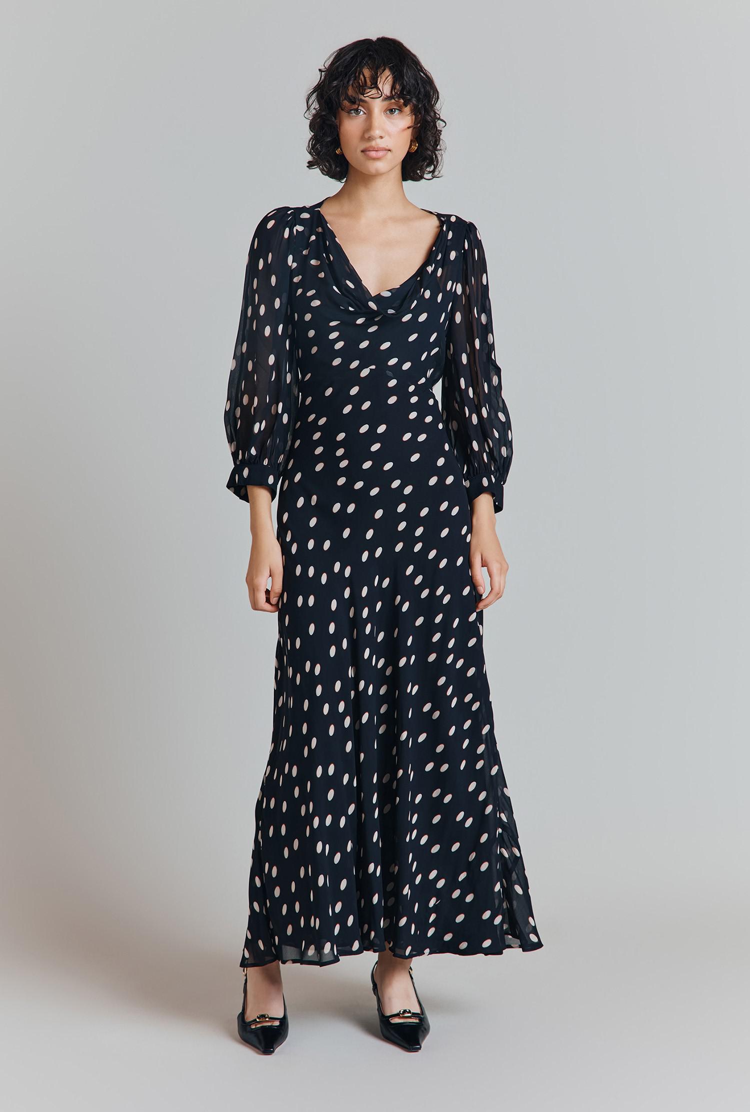 GHOST Zoe Polka Dot Satin Midi Dress | endource