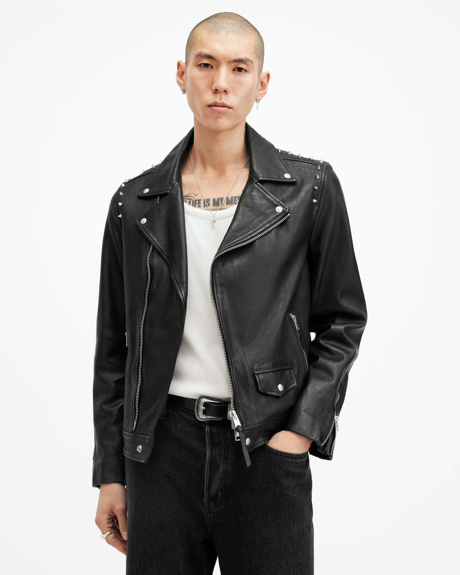 ALLSAINTS Crow Spike Studded Leather Jacket in Black | endource