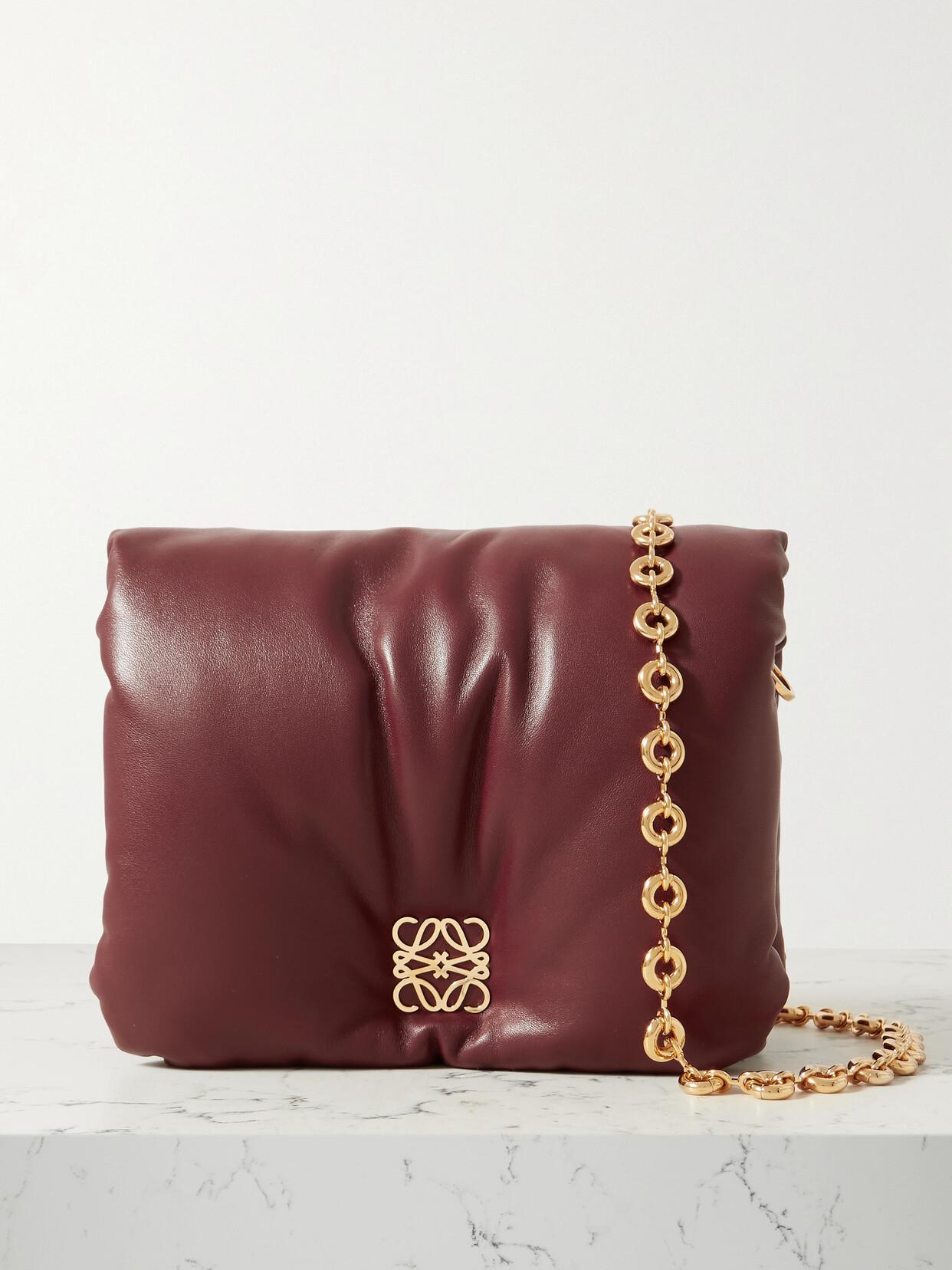 LOEWE Puffer Goya Padded Leather Down Shoulder Bag in Burgundy | endource