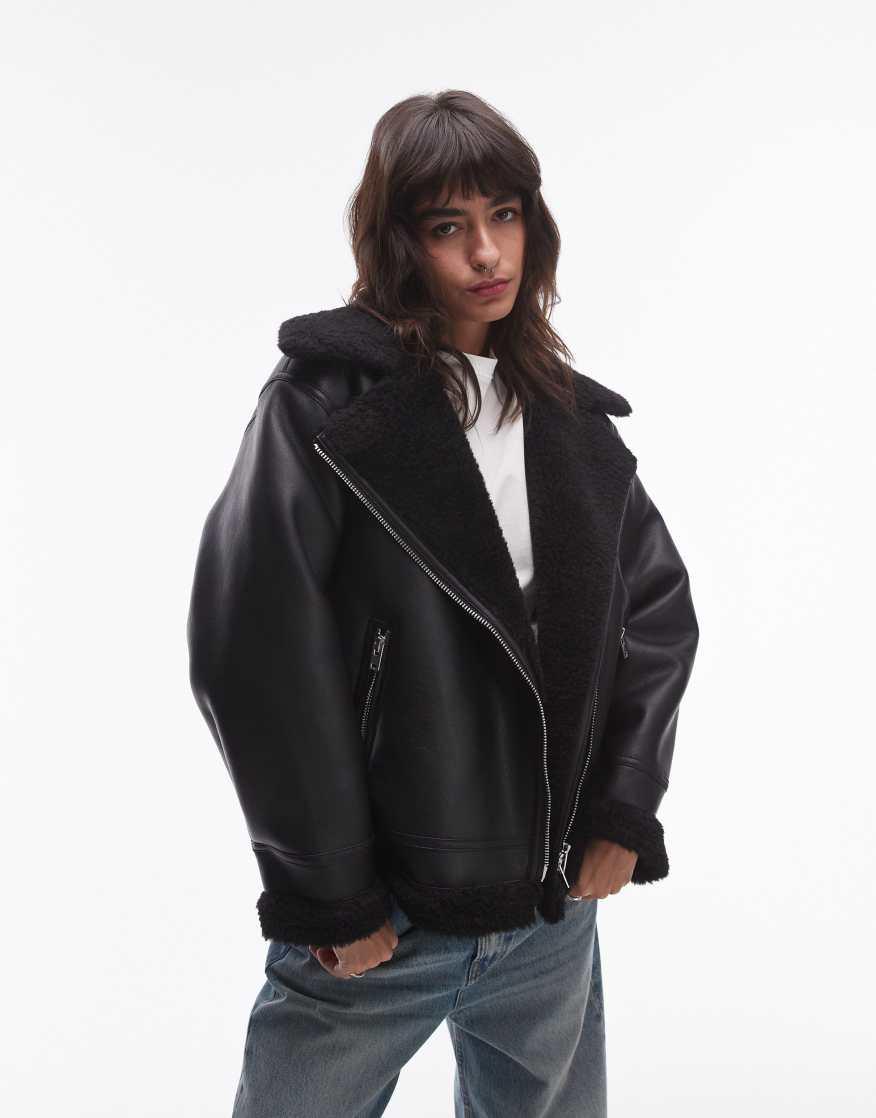 MANGO Oversized Shearling Aviator Jacket in BLACK | endource