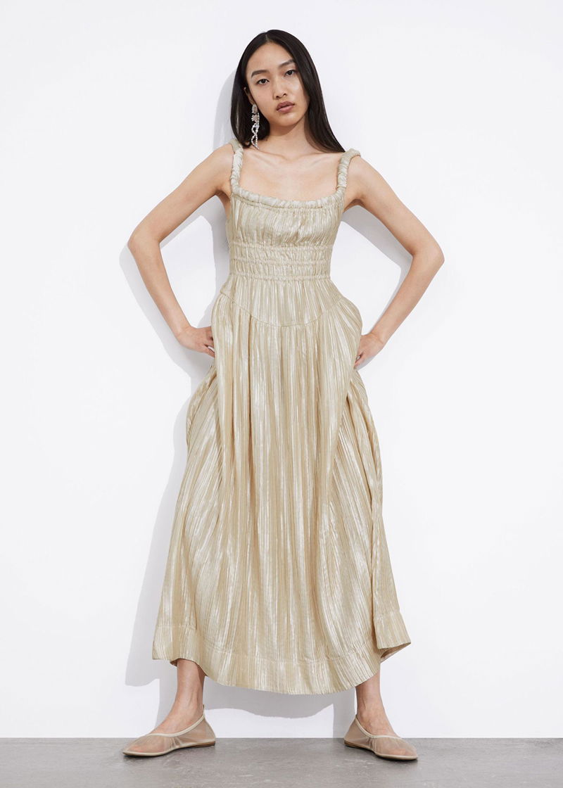 And Other Stories Shirred Satin Midi Dress In Cream Endource