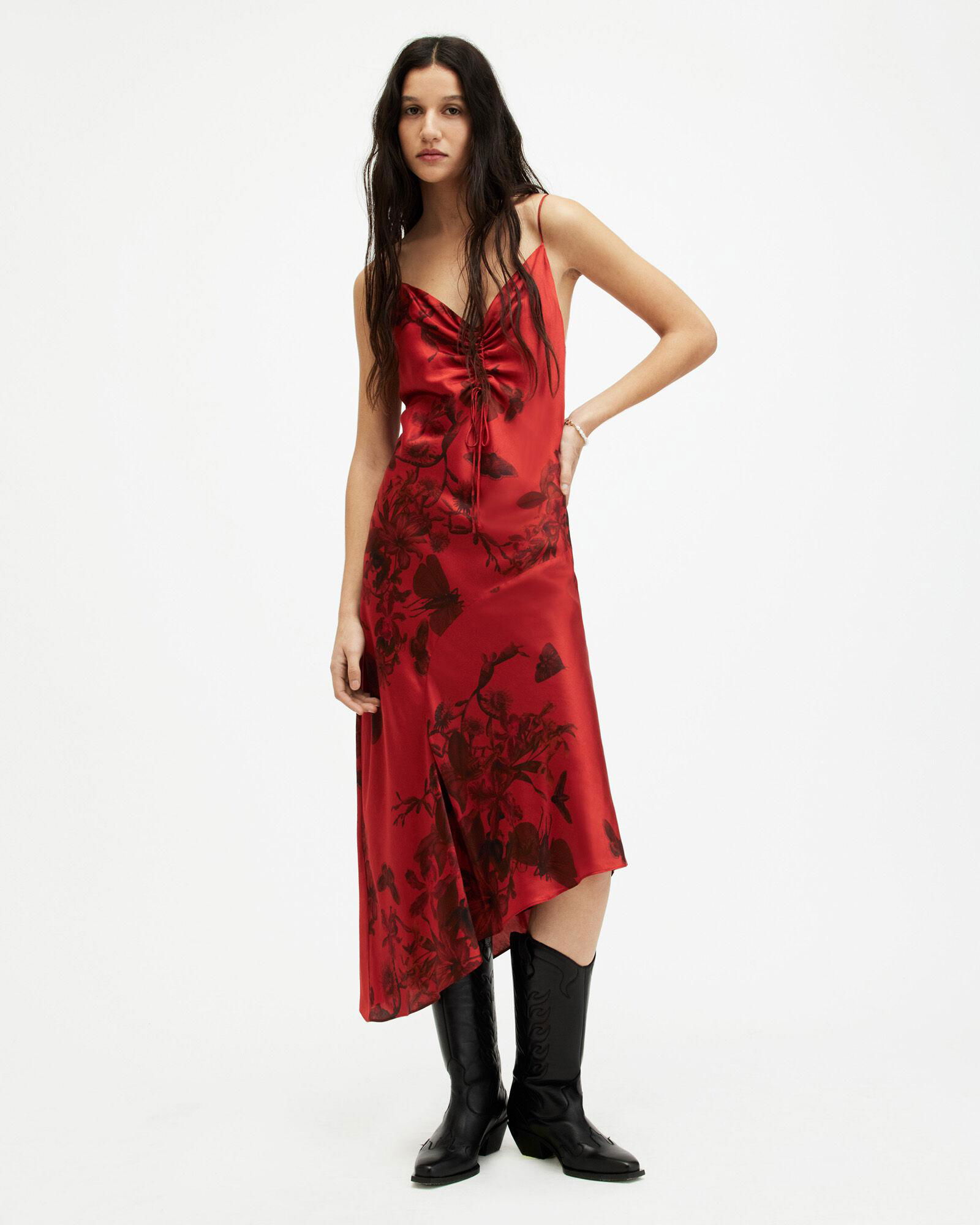 ALLSAINTS Alexia Silk V-Neck Midi Slip Dress in Rust Red | Endource